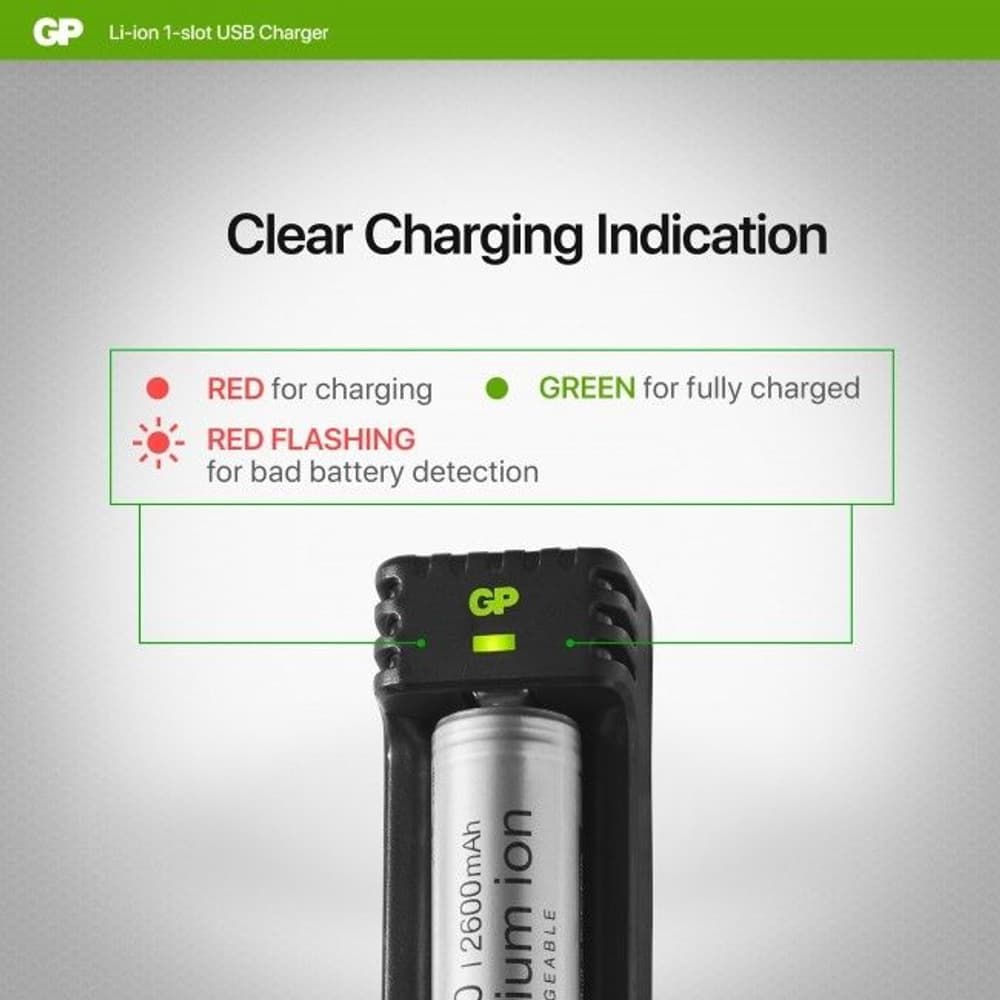 GP Lighting GP 1-Slot Li-Ion Charger + 1X18650 | Widforss